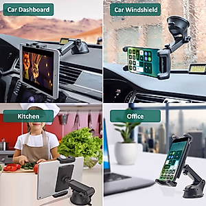 Car Dashboard Tablet Mount for 4-13" iPad Phone, Cuxwill Dash Windshield Tablet Telescopic Holder with Strong Suction Cup for iPad Pro 12.9 10.5 9.7, iPad Air Mini, Samsung Tab, Kindle Fire HD, iPhone