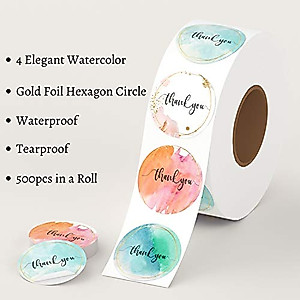 Mobiusea Party Thank You Stickers Roll | Elegant Water Color with Gold Foil |1.5 inch | Waterproof | 500 Labels for Small Business, Floral Designer, Artist | 4 Watercolor Designs