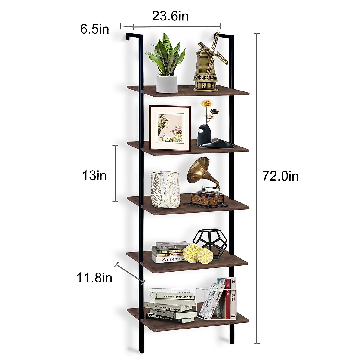 aboxoo Ladder Shelf Open Bookshelf 5-tier Wall-mounted Wood Bookcase Storage Rack Open back Industrial Modern Plant Flower Stand Utility Organizer Bookcase Metal Frame Furniture Office Kitchen Bedroom