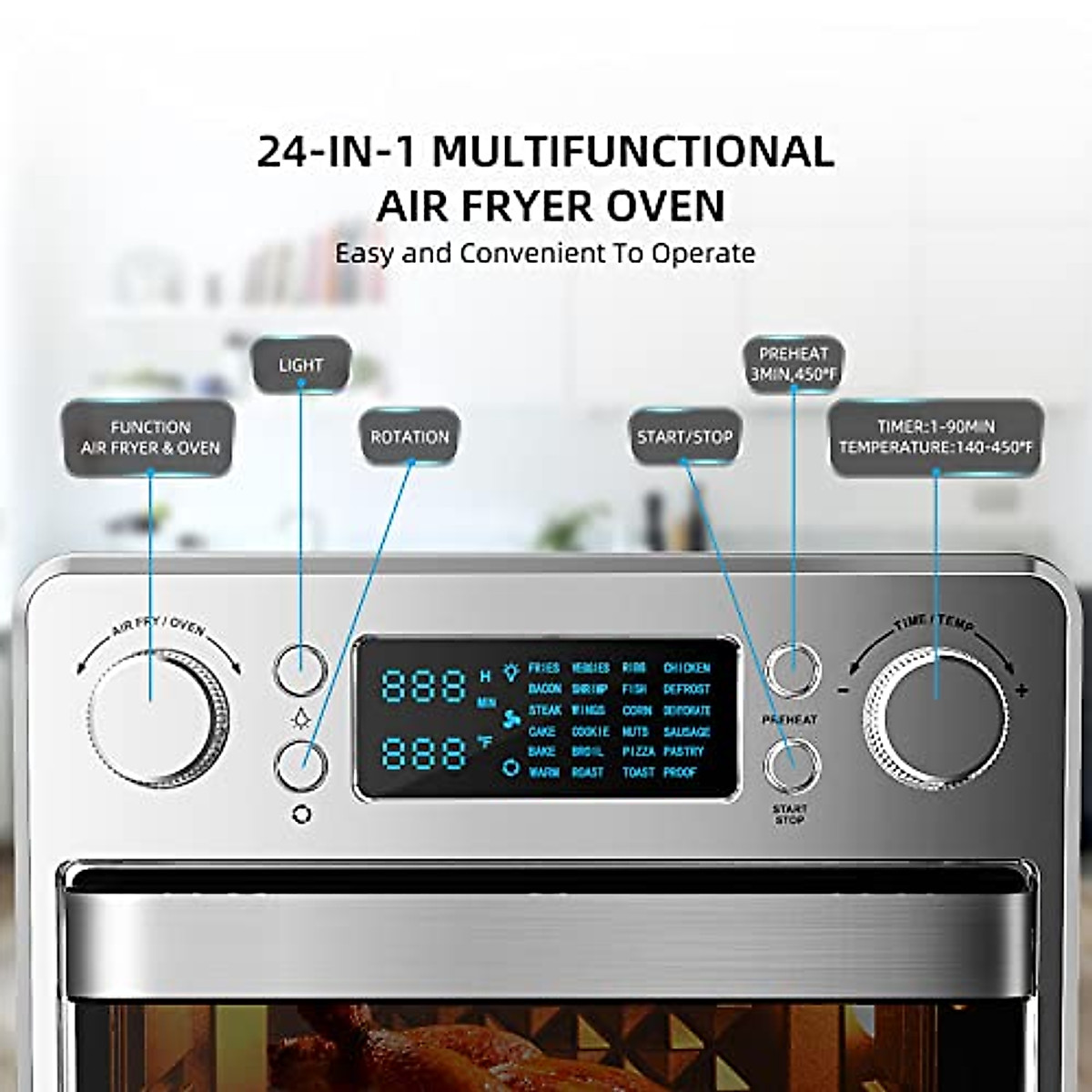 leiko Air Fryer Toaster Oven Combo, 16 QT capacity and Convention Countertop, with microwave&air fryer &roast&bake&thaw &reheat 24-1 function, Stainless Steel, Silver, 1700W.