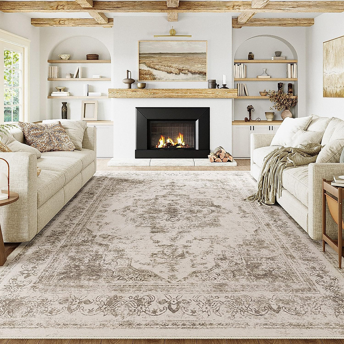 PureCozy Vintage Area Rug 8x10 Indoor Bedroom Rug Taupe Medallion Washable Living Room Carpet Retro Accent Throw Rug Distressed Rug for Office Dining Room Nursery
