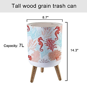 Small Trash Can with Lid Beautiful seamless tropical with corals sea horse Abstract geometric Round Recycle Bin Press Top Dog Proof Wastebasket for Kitchen Bathroom Bedroom Office 7L/1.8 Gallon