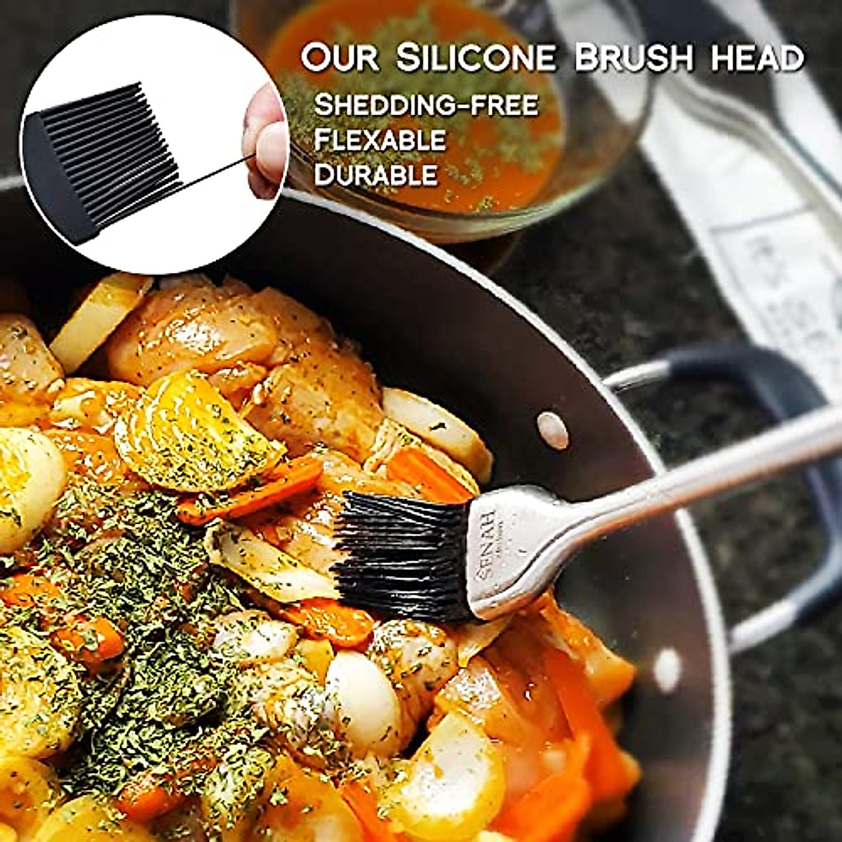 It's Senah | New 7pcs Bundle | 304-Stainless Steel BBQ Grill Basting Brush with 100% Natural, DUST-FREE Cotton Storage Bag, Easy Grip Handle Oil Brush, Anti-Rush Baking, Pastry Cooking Brushes