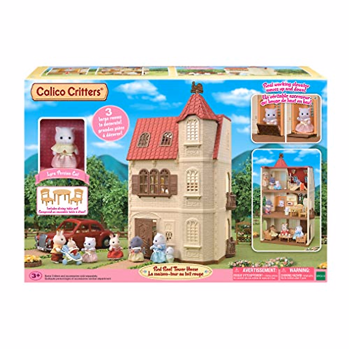 Calico Critters Red Roof Tower Home, 3 Story Dollhouse Playset with Figure, Furniture and Accessories