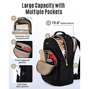 LIGHT FLIGHT Laptop Backpack for Women Laptop Backpacks for 15.6” Notebook Casual Computer Bag Stylish Stitch Pattern Daypack for Work Travel Business College Large Black