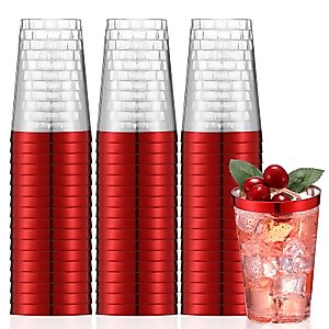 Norme 50 Pcs 12 oz Plastic Cups Disposable Cups 12 oz Plastic Glasses Clear Tumblers with Rim for Birthday Wedding Party Elegant Wine Coffee Cocktail(Red)