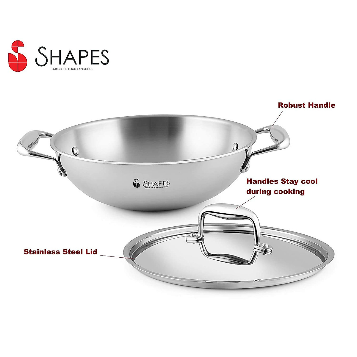 Shapes Stainless Steel Cookware Tri-Ply Wok with Lid, Multipurpose Pan, Capacity - 4 Quart, Silver - Use for Home, Kitchen and Restaurant - Easy to Clean and Dishwasher Safe