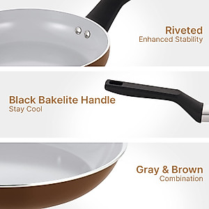 EPPMO Healthy Ceramic Skillet With Stay Cool Bakelite Handle, Small Open Fry Pan Without Lid, Brown, 8 Inch