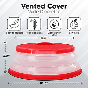 Microwave Cover for Food, Collapsible Microwave Splatter and Plate Covers Easy Grip Lid and Food Strainer, BPA Free and Dishwasher Safe, 10.5", Red - By Rampro