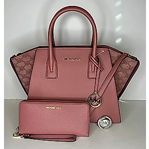 Michael Kors Avril Large Top-Zip Satchel bundled with Large Continental Wristlet Purse Hook (Rose)