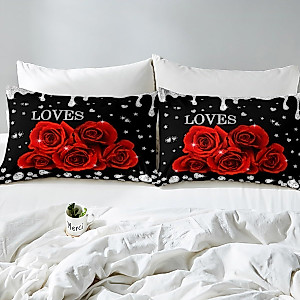 Erosebridal 3D Red Rose Comforter Cover Red and Black Bedding Set Queen Rose Flower Gifts for Her Women Men Couple Girlfriend Romantic Floral Duvet Cover Glitter Sequins Diamond Quilt Cover Zipper