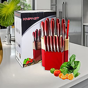 Knife Set With Block, KNIFAST Full Tang 17-Pieces Kitchen Knife Set With Block Wooden German Stainless Steel Cutlery With Knife Sharpener & 6 Steak Knives (Red)
