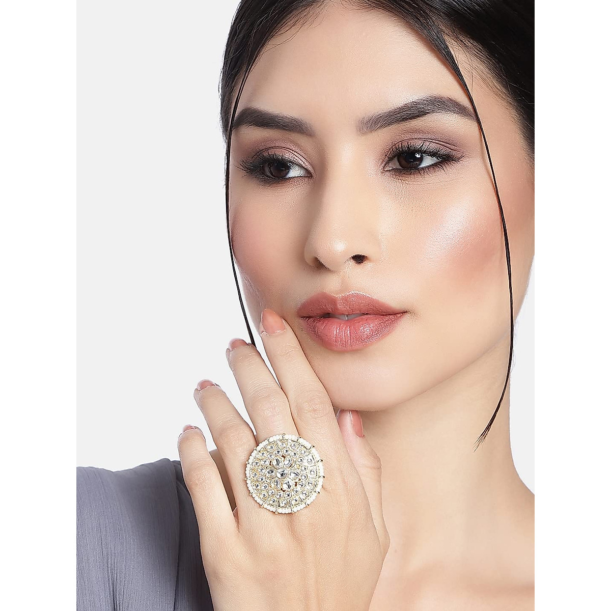 I Jewels Gold Plated Indian Wedding Bollywood White Kundan & Pearl Studded Adjustable Finger Ring for Women (FL209W)