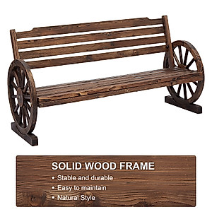KINTNESS Wooden Wagon Wheel Bench Rustic Outdoor Patio Furniture 2-Person Seat Bench with Backrest for Backyard Patio