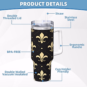 allgobee 40oz Stainless Steel Travel Mug With Handle,Fleur-De-Lis-Gold Insulated Coffee Tumbler With Lid And Straw