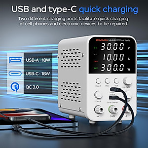 DC Power Supply Variable, 30V 10A Bench Power Supply with Encoder Knob, 4-Digits Display, Adjustable Regulated lab Power Supply with 5V 3.6A USB & Type-C Quick-Charge, Output Switch (30V 10A)