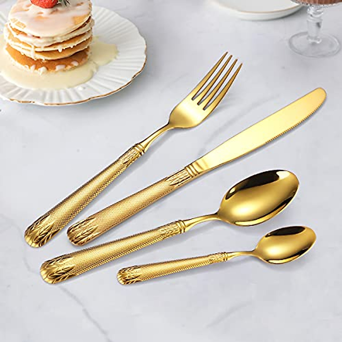 Silverware set Service for 8 Flatware Gold Hammered Handle Retro Golden Relief Plating Cutlery 18/10 Stainless Steel Kitchen,Home,Restaurant,Small Business 32piece