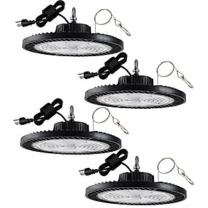 Fiqevs 4 Pack 400W LED High Bay Lights, 56,000LM Plug & Play Commercial Bay Lighting, 5000K Daylight, Ac100-277V, 5' Cable, Safe Rope Included, UFO High Bay for Warehouse Shop Barn - ETL Listed