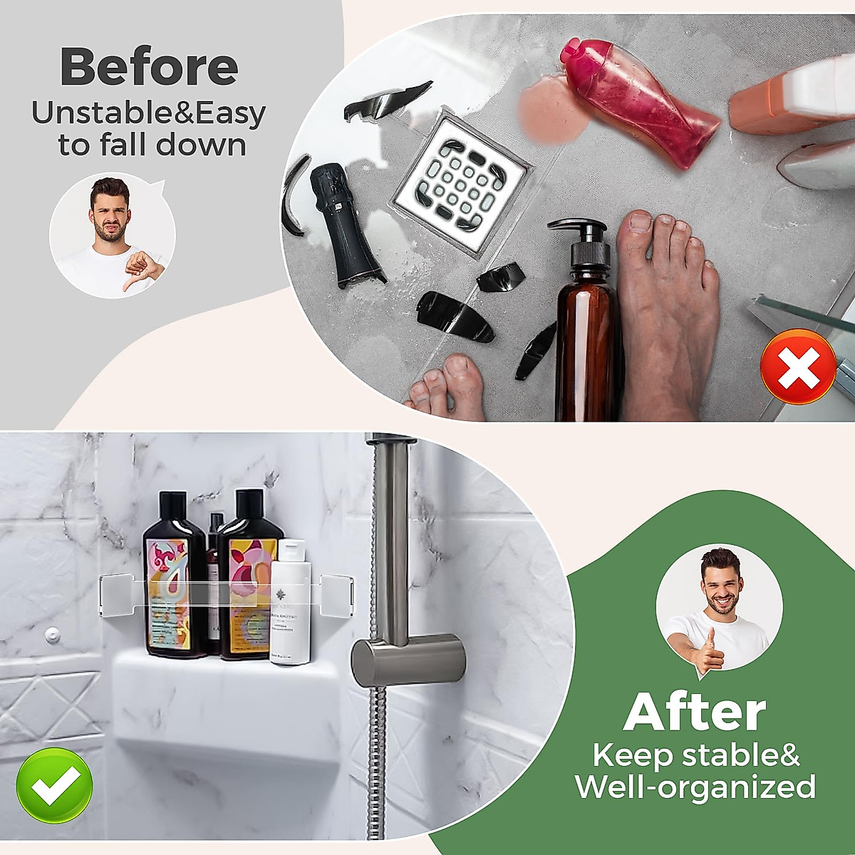 ENONCI RV Accessories for Inside Clear, Camper Must Haves, Shower Corner Storage Bar with 2 Razor Hanger, Adjustable Acrylic for Corner Shelves Length 8-14 inches Applicable for Most RV Camper