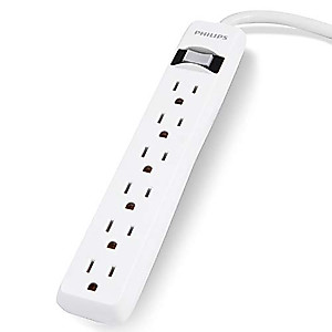 PHILIPS 6 Outlet Power Strip Surge Protector, 2ft Power Cord, Straight Plug, Wall Mount, 450 Joules, UL Listed, Circuit Breaker, Automatic Shutdown, White, SPP3063WP/37 