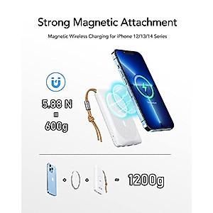 VRURC Magnetic Power Bank for iPhone, 10000mAh Wireless Portable Charger, 5W/7.5/10W/15W Charging & Max 22.5W USB Port Fast Charging, Battery Pack Compatible with iPhone 14/13/12 Series - White