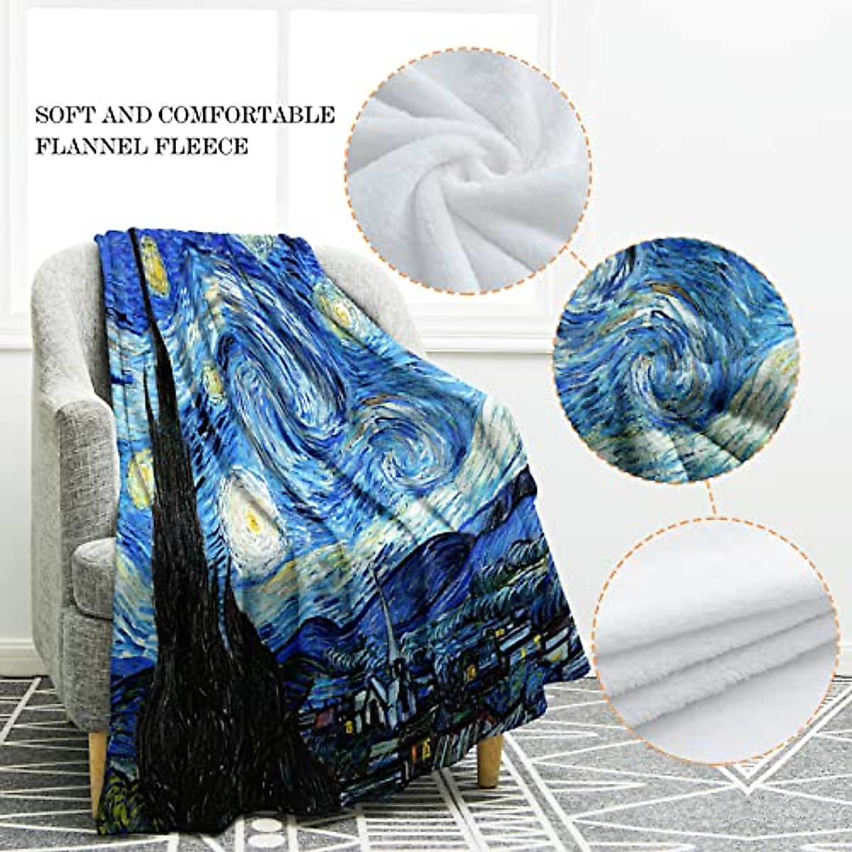 Jekeno Blanket The Starry Night by Vincent Van Gogh - Art Print Throw Blanket Lightweight Soft Cozy for Sofa Chair Bed Office Adults Kids Gift 50"x60"