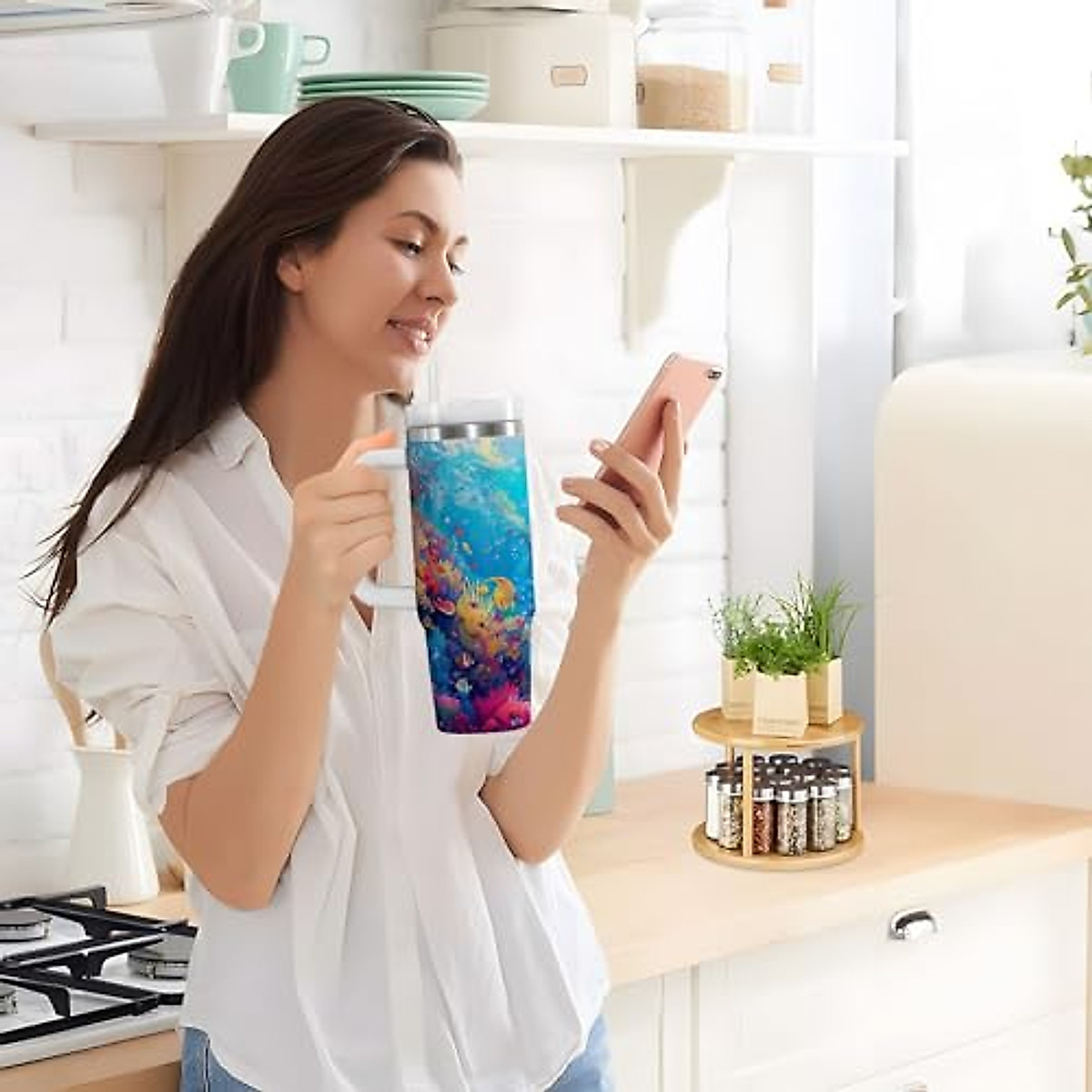 ODAWA a Vibrant and Colorful Underwater Scene Filled with Travel Coffee Tumbler with Straw and Lid Travel Mug 30 Oz Stainless Steel Cups