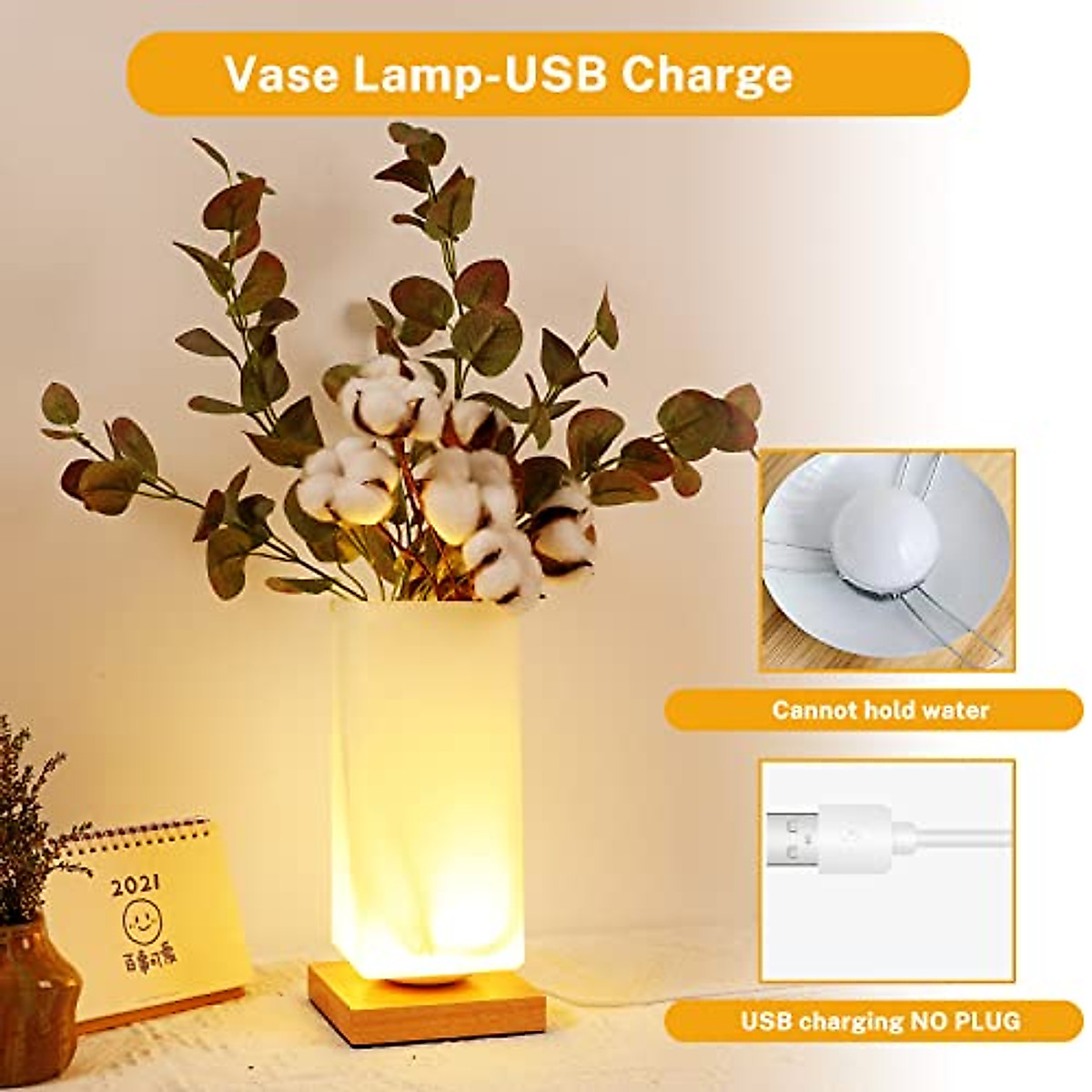 Floresita Vase Lamp Table Lamp USB Charge Flower Lamp Vase Table Lamp Dimmable Bedside Lamp Frosted Glass Shade with Wood Base for Bedroom Living Room Office Desk
