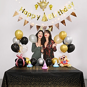 Melsan Disposable Table Cloth for Rectangle Tables, 3 Pack Black and Gold Plastic Table Cloths for Graduation, Retirement, 50th Birthday Party Decorations, 54×108 in
