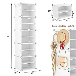 LANTEFUL 10 Tiers Tall Shoe Rack 20 Pair Shoe Organizer Narrow Shoe Rack with Door Portable Shoe Storage Cabinet with Hooks Sturdy Plastic White Shoe Rack for Entryway and Bedroom