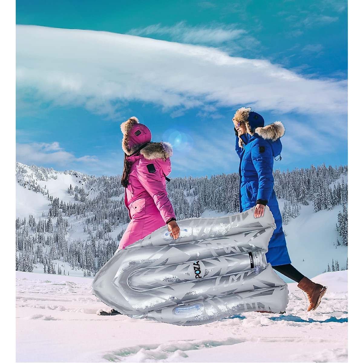 POZA Inflatable Silver Snow Boogie Sled – Luxurious Snow Sled with Handles and Filled with Silver Snowflake Confetti – Premium Heavy Duty Cold Resistant PVC Sled for Adults and Kids – 44 Inch