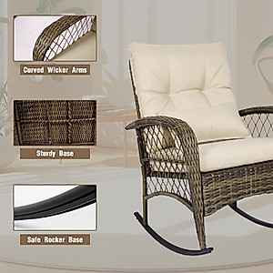 DECMICO Wicker Rocking Chair Set of 2, Patio Conversation Bistro Set, Rattan Outdoor Rocker Chairs with Cushions and Side Table, Wicker Porch Furniture for Backyard, Garden, Beige