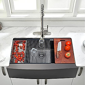 PEPO Workstation Apron-Front Kitchen Sink 36 Inch Gunmetal Black Farmhouse Undermount Sink, 16 Gauge 10 inch Deep Single Bowl Farm Sink with Accessories Kit