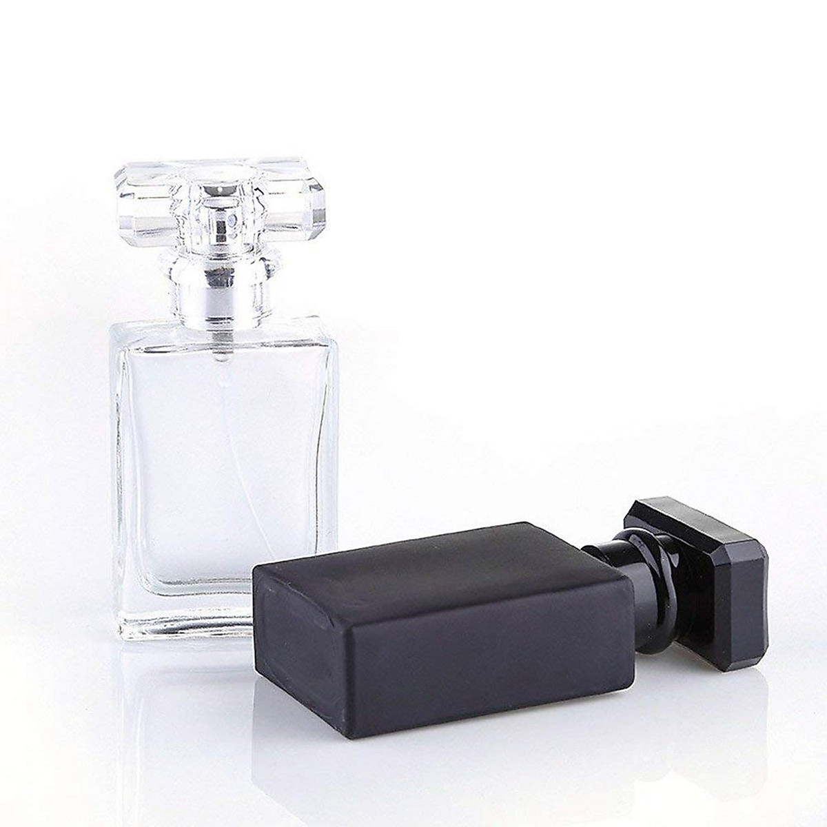2 Pack - 30ML Flint Glass Refillable Perfume Bottle, Square Portable Cologne Atomizer Empty Bottle with Spray Applicator For Travel (Transparent and Black)