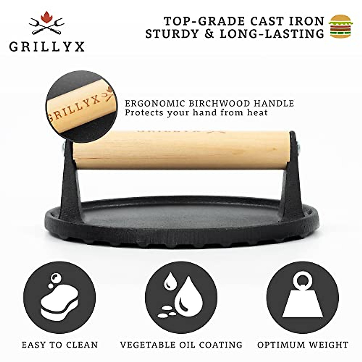 Grillyx Cast Iron Burger Press with Birchwood Handle - (ø7) - Smash Burger Press - Hamburger Press Incl. 50 Sheets of Burger Press Patty Maker Paper