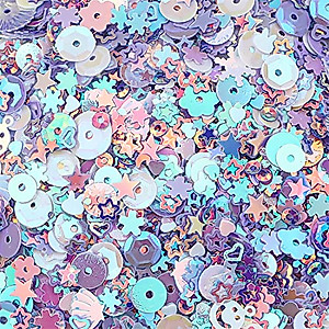 Decoendiy 6 Pack Mixed Shaped Glitter Flakes, Chunky Sparkle Sewing Glitter, Heart Star Seashell Shiny Slices with Hole, for Sewing Embellishment Accessories DIY Crafts Arts (Purple)