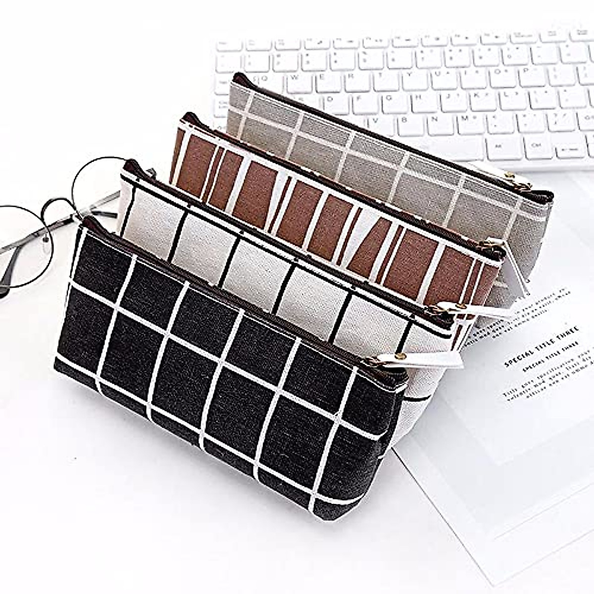 JINGYOU Pencil Bag, Solid Color Stationery Bag, Striped Grid Pen Pouch, Canvas Pencil Case, Kawaii Pencil Case for Students Office(Grey)