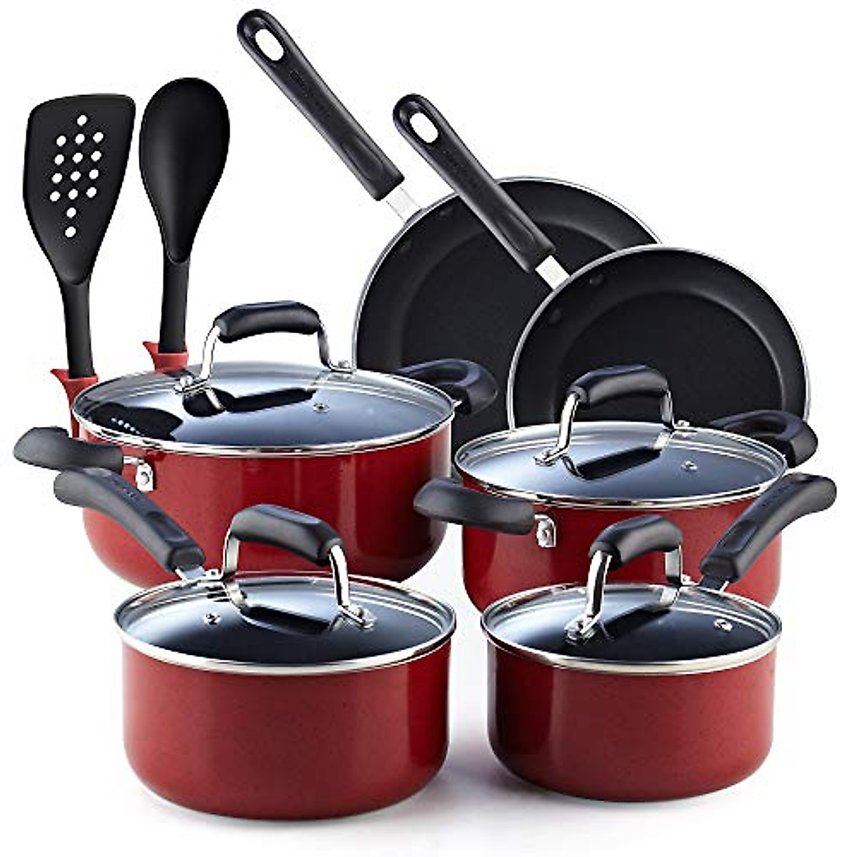 Cook N Home 2601 Stay Cool Handle Pattern 12-Piece Nonstick Cookware Set, Marble Red