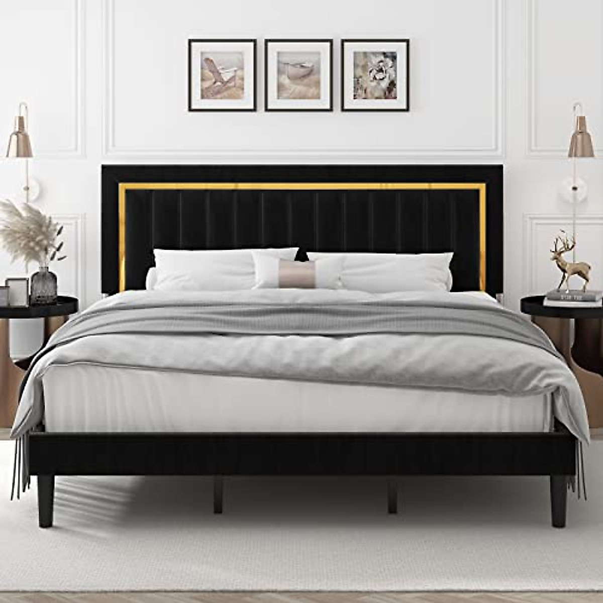 HITHOS King Size Bed Frame with Adjustable Tufted Headboard, Velvet Upholstered Platform Bed Frame with Gold Trim, Heavy Duty Mattress Foundation with Steel Frame, Easy-Assembly Slats (Black, King)