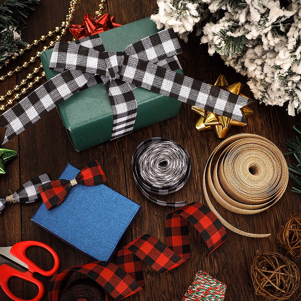 3 Rolls Christmas Plaid Ribbon Buffalo Plaid Burlap Ribbons Christmas Wrapping Decoration Ribbon for Christmas Fall Wrapping DIY Crafts Decor Supplies, 24 Yards in Total (1 Inch)
