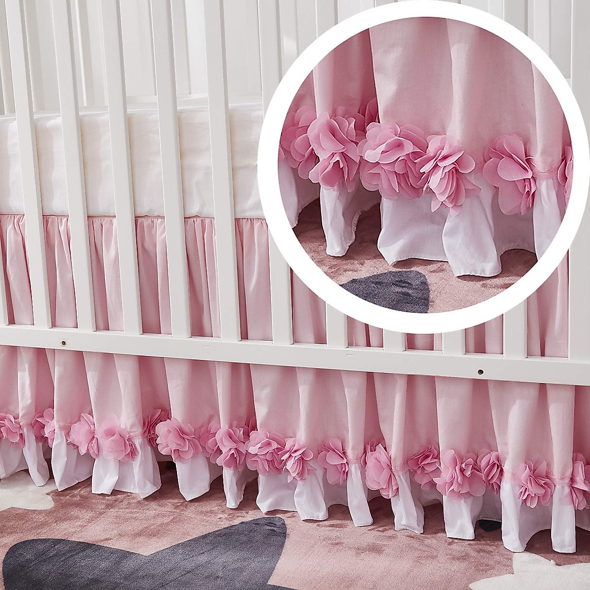 Brandream Crib Bedding Set for Girls Pink Princess Nursery Bedding 3 Pc Sweet Daisy Ruffle Blanket, 100% Cotton