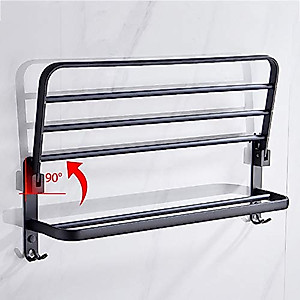 JRMM Towel Racks for Bathroom Wall Mounted Towel Shelf with Two Towel Bars and Hooks, Multifunction Foldable Double Towel Bars, No Rust, Aluminum, Matte Black22.6 inch