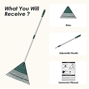 ORIENTOOLS Garden Rake, Adjustable Lightweight Steel Poly Shrub Rake, Plastic Head, 22 Tines, 42 to 60 Inches (Silver Handle)