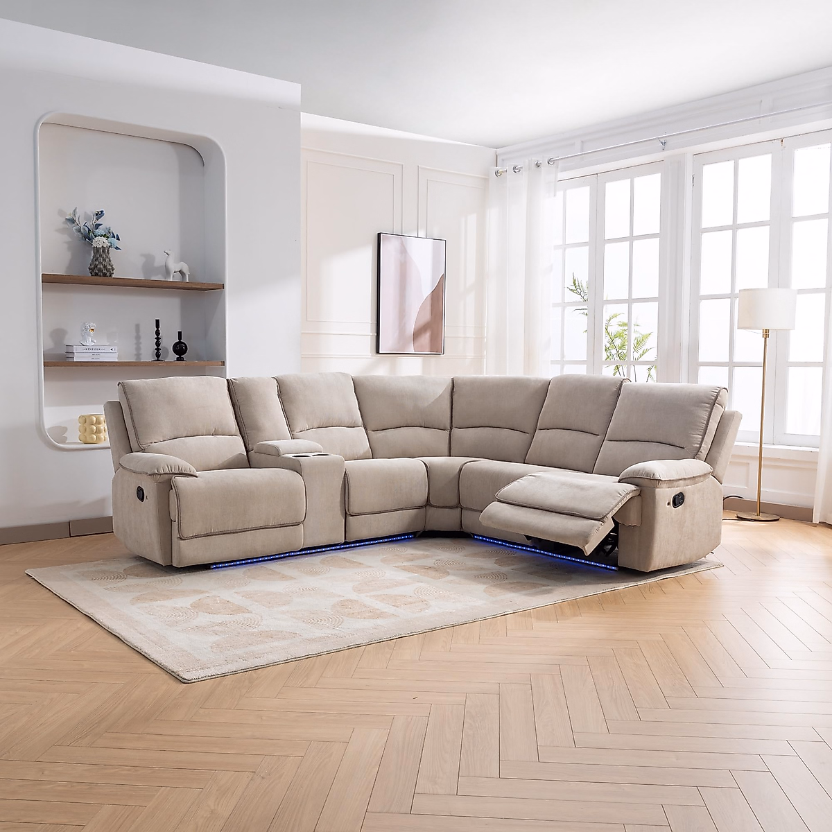 P PURLOVE Reclining Sofa for Living Room, Modern Manual Reclining Furniture Set with USB Ports, Hidden Storage, LED Light Strip and 2 Cup Holders, L-Shaped Velvet Couch for Apartment, Bedroom (Cream)