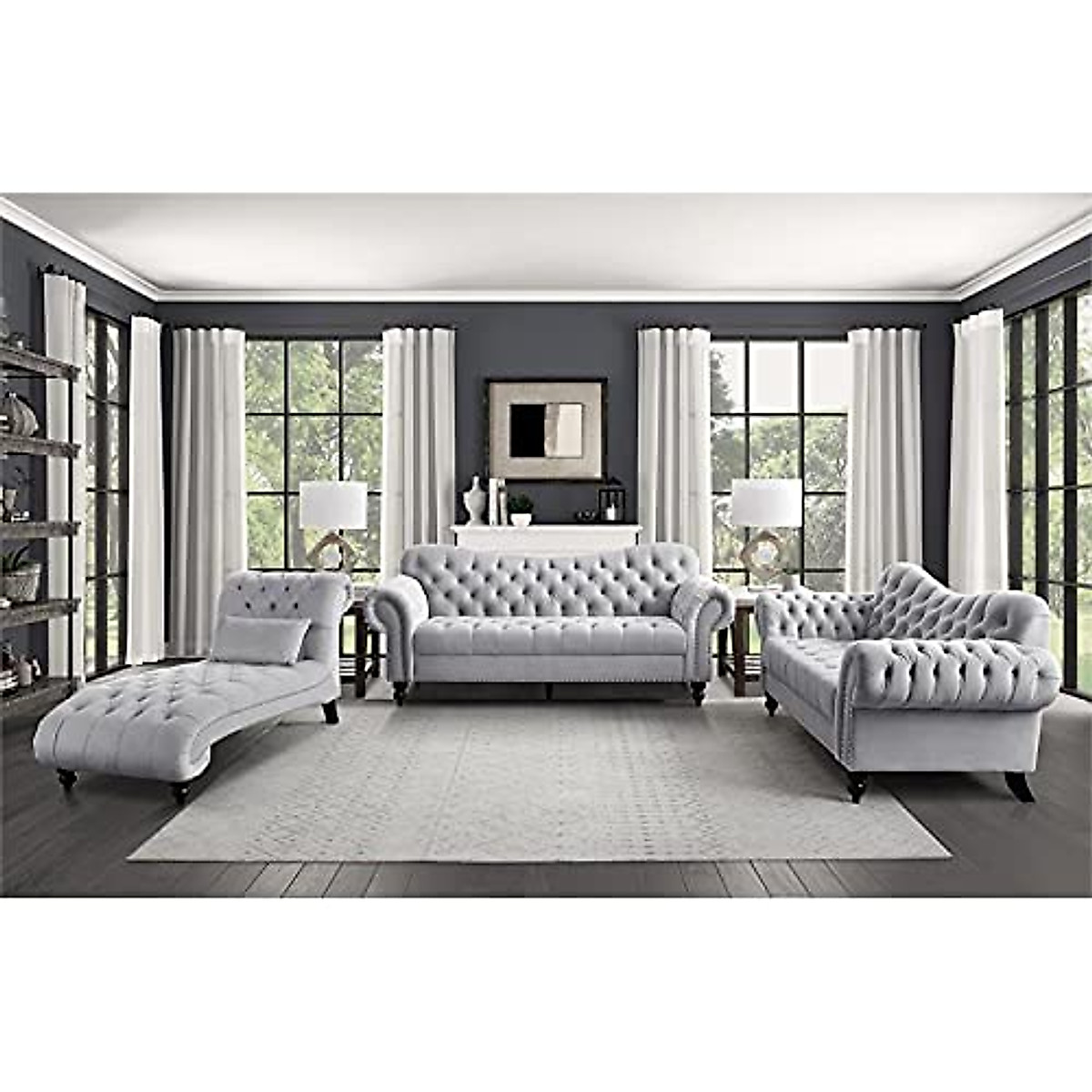 Pemberly Row 18.5" Traditional Velvet Fabric Sofa with Nail Head in Light Gray
