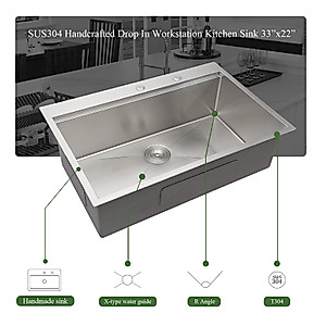 33 Kitchen Sink Drop In - Donsdey 33 Inch Kitchen Sink Ledge Workstation 16 Gauge Stainless Steel Drop In Topmount Single Bowl Rectangular Kitchen Sink Basin