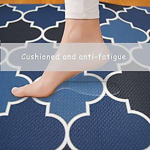 moonysweet Anti Fatigue Kitchen Rug Mat Non Skid Cushioned Navy Blue Black Waterproof Non Slip PVC Leather Runner Standing Mat Trellis Quatrefoil 17" x 29" +17" x 47" Set of 2 (2 Pieces)
