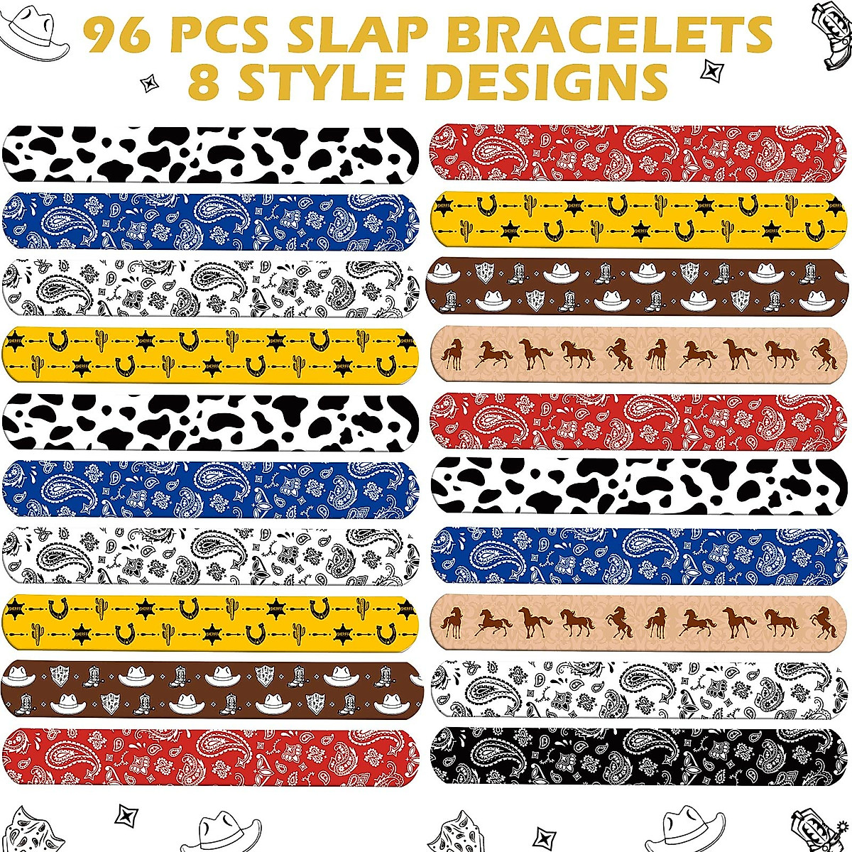 48 Pack Western Party Slap Bracelets Cowboy Cowgirl Bracelets Horse Wristbands for Western Themed Parties Kids Birthday Party Favors Supplies Decorations, 8 Styles