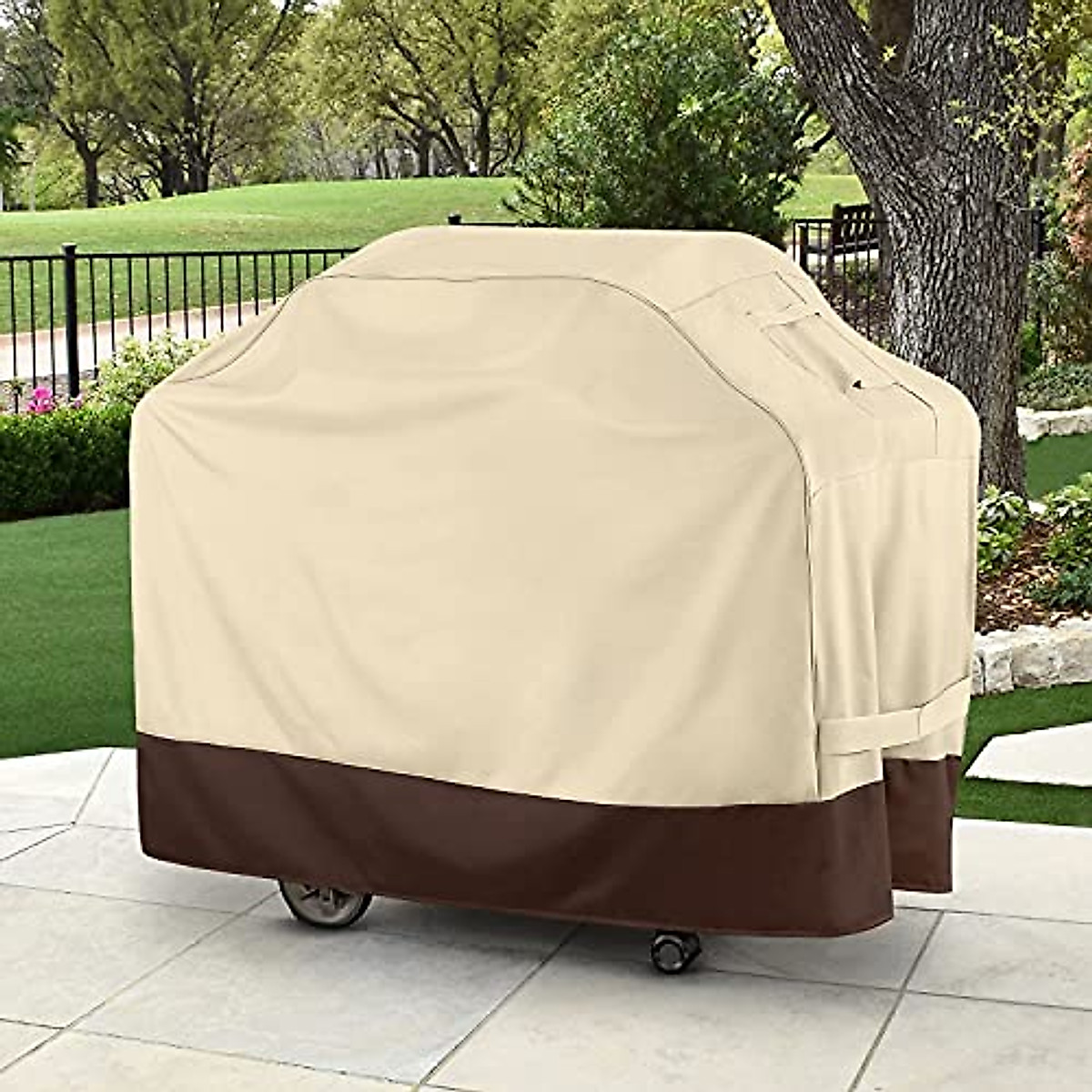 SunPatio Grill Cover 55 Inch, Outdoor Heavy Duty Waterproof Barbecue Gas Grill Cover, UV and Fade Resistant, All Weather Protection for Weber Charbroil Kenmore Grills and More, Beige & Brown