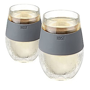 Host Wine Freeze Cup Set of 2 - Plastic Double Wall Insulated Wine Cooling Freezable Drink Vacuum Cup with Freezing Gel, Wine Glasses for Red and White Wine, 8.5 oz Grey - Gift Essentials